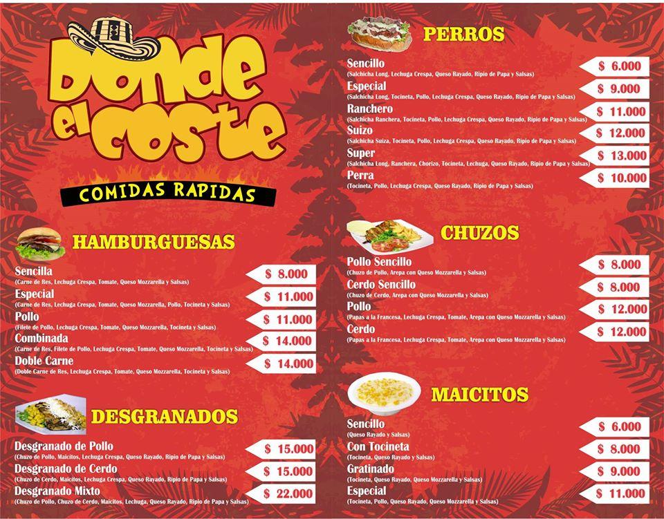 Menu at Donde El Coste restaurant, Medellín, Calle 33AA ###80