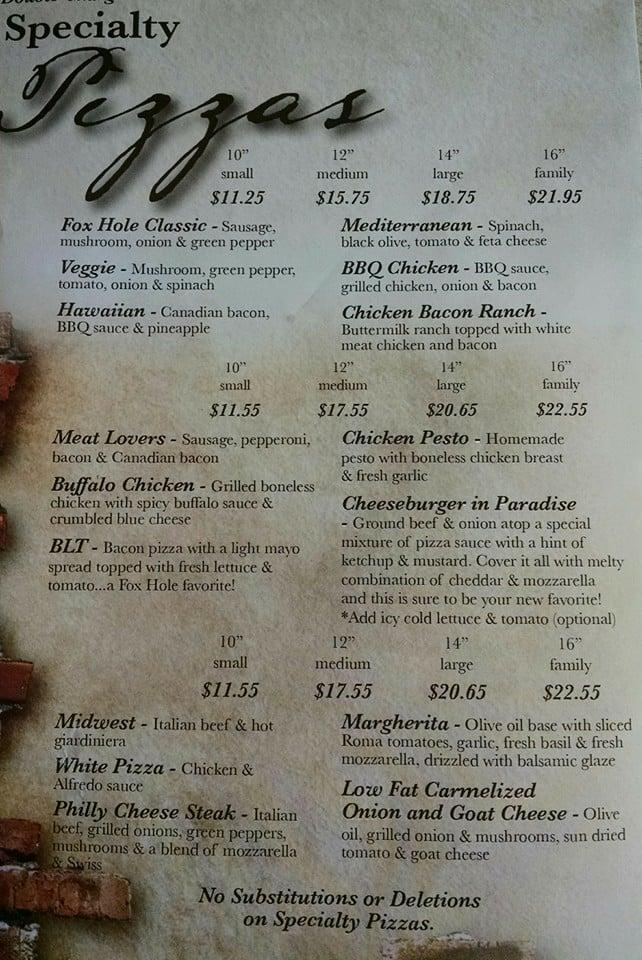 Menu at Foxhole Pizza and Pub, McHenry