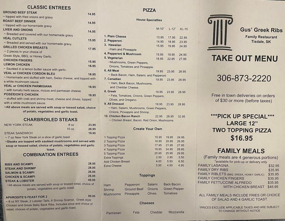 Menu at Gus' Greek Ribs Family Restaurant, Tisdale