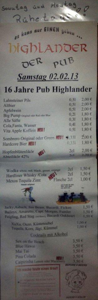 Menu at Highlander pub & bar, Dillenburg