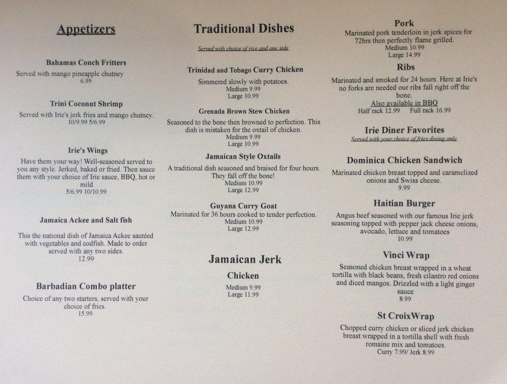 Menu at Irie Diner Caribbean Restaurant, Orange Park