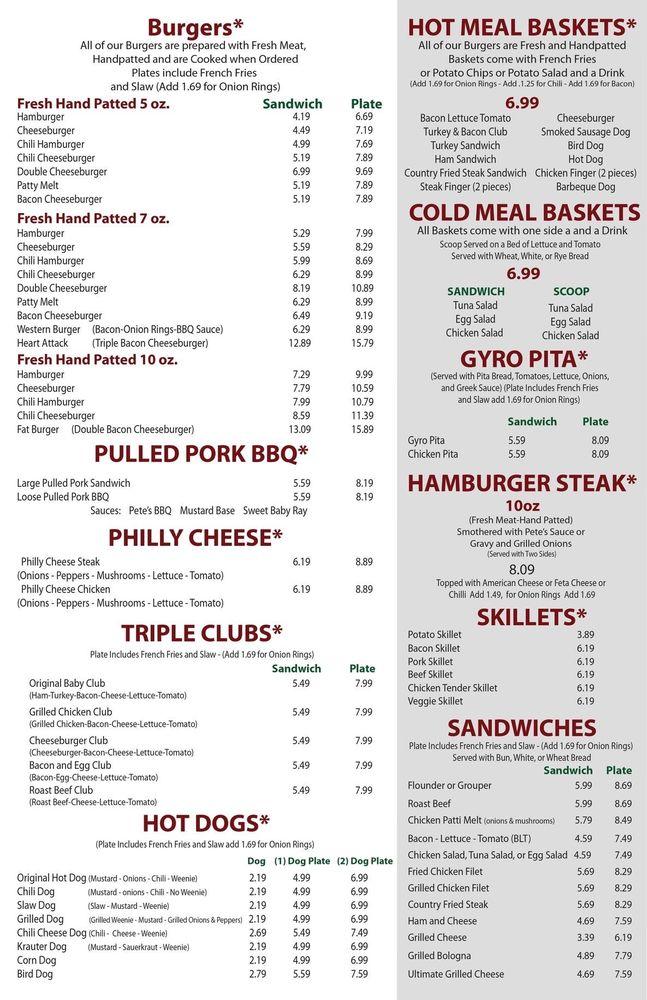 Menu at Pete's Drive In restaurant, Easley