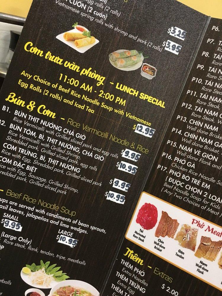 Menu at Pho Dien 1960 restaurant, Humble