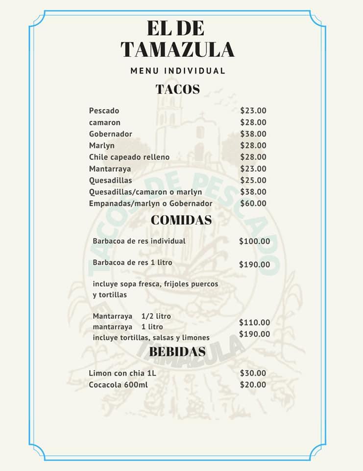 Menu at Tacos de pescado el de Tamazula restaurant, Mexicali