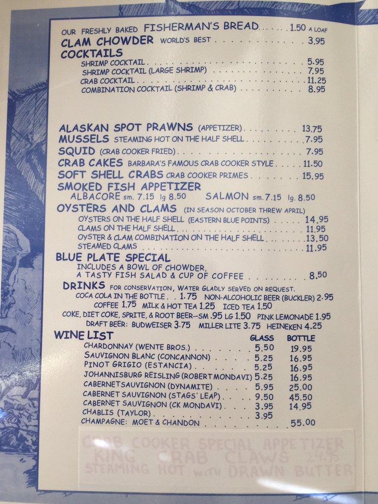 Menu at The Crab Cooker restaurant, Newport Beach, Newport Blvd