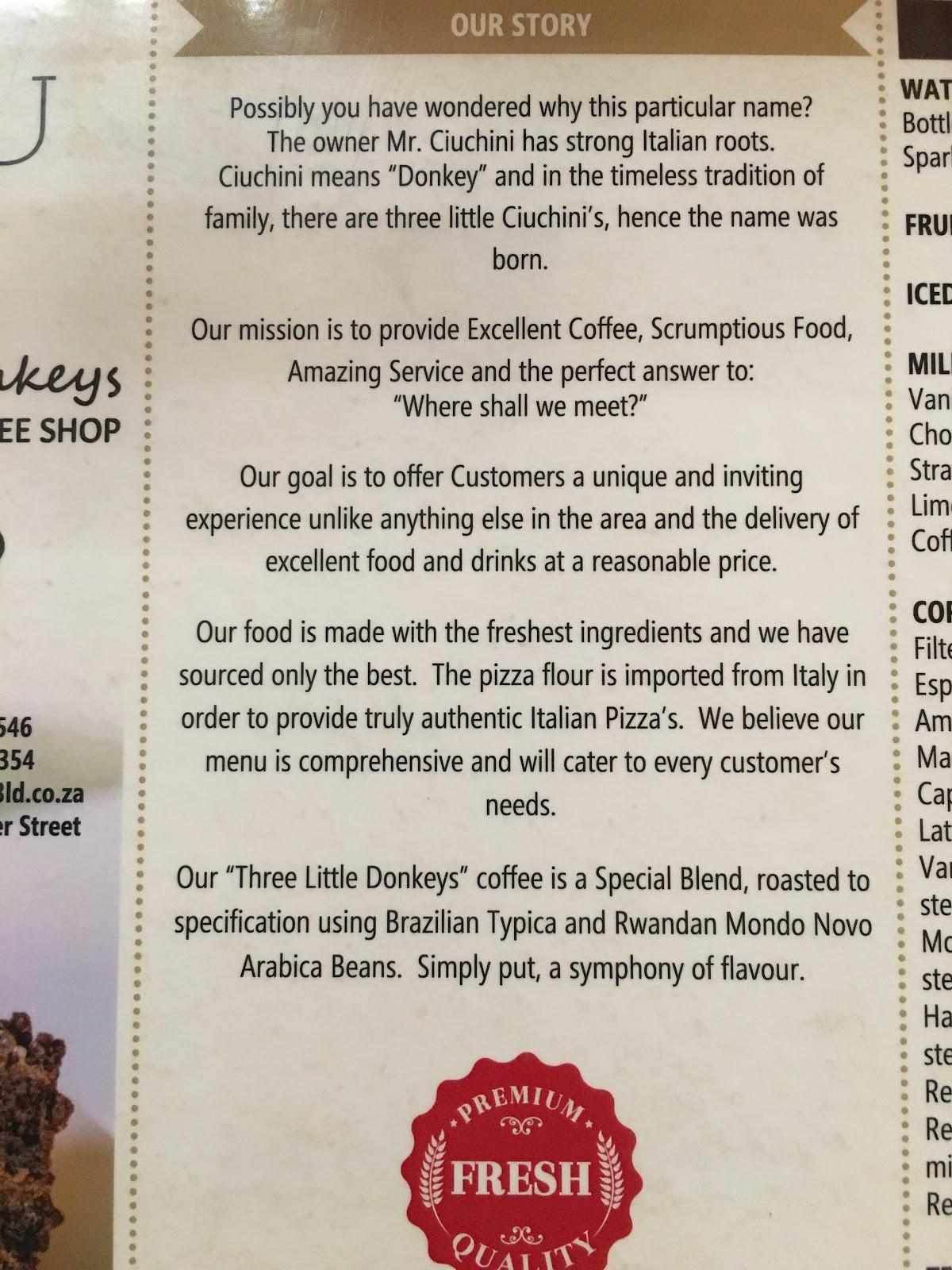 Menu at Three Little Donkeys Coffee Shop cafe, Nelspruit