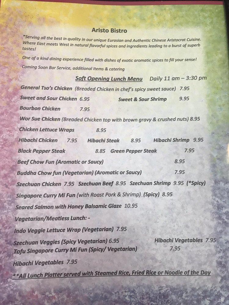 Menu at Aristo Bistro restaurant, Westlake