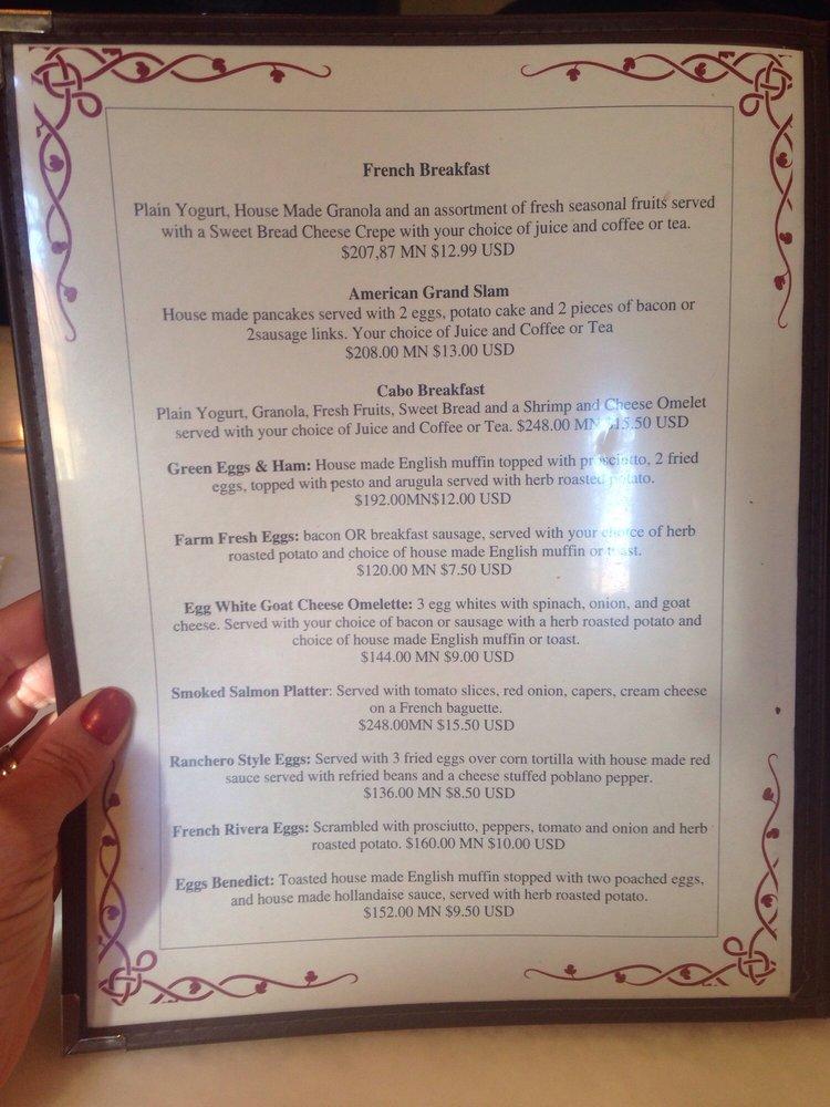 Menu at French Riviera bakery, San José del Cabo