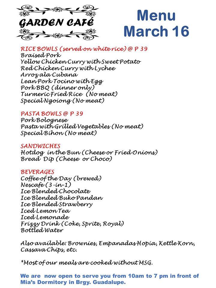 Carta de Garden Cafe at Mia's, Baybay