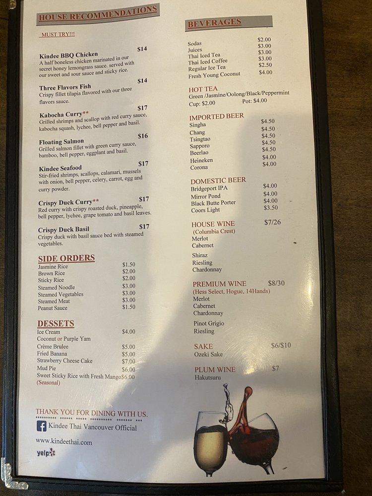 Menu at Kindee Thai Restaurant, Vancouver, NE 162nd Ave #713