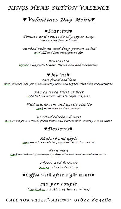 Menu at Kings Head restaurant, Sutton Valence