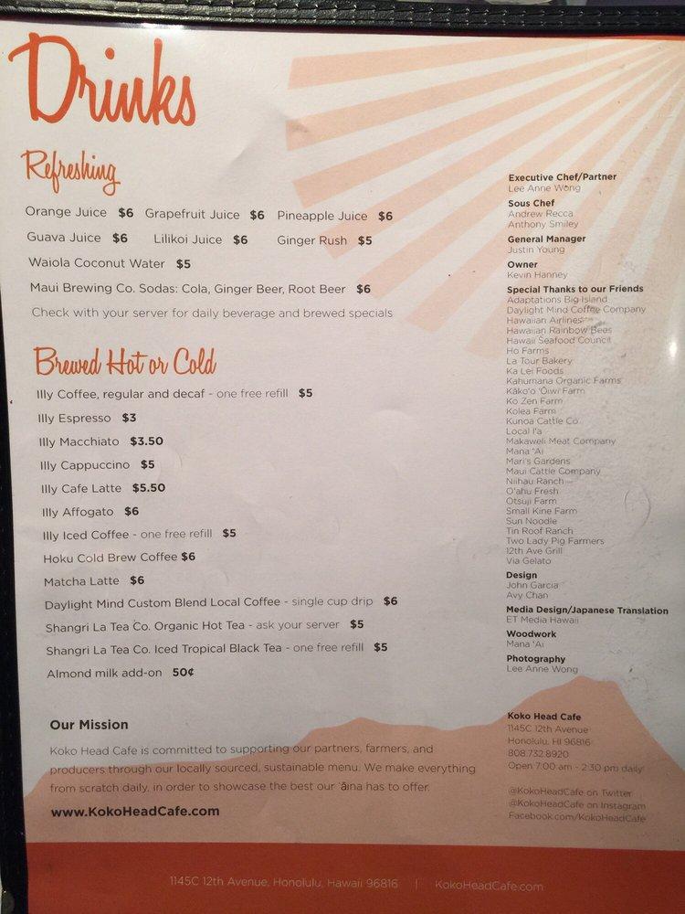 Menu at Koko Head Cafe, Honolulu