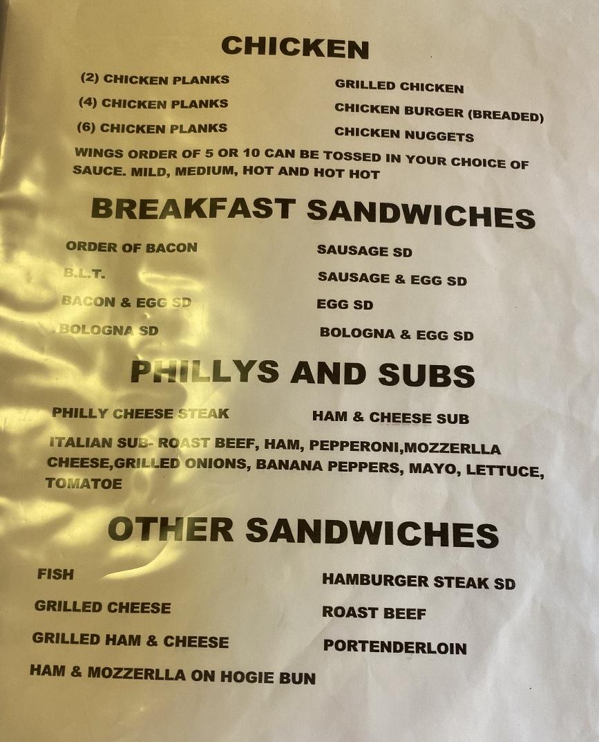 Menu at Mustang II restaurant, Pikeville