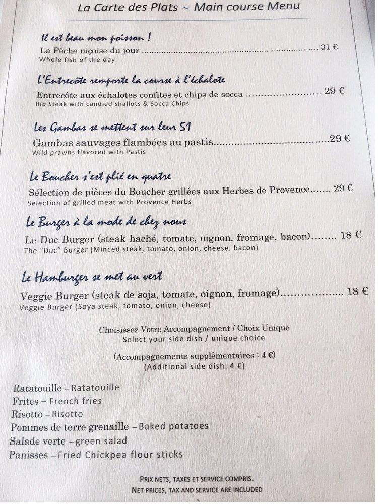 Menu at Restaurant Le Duc, Nice