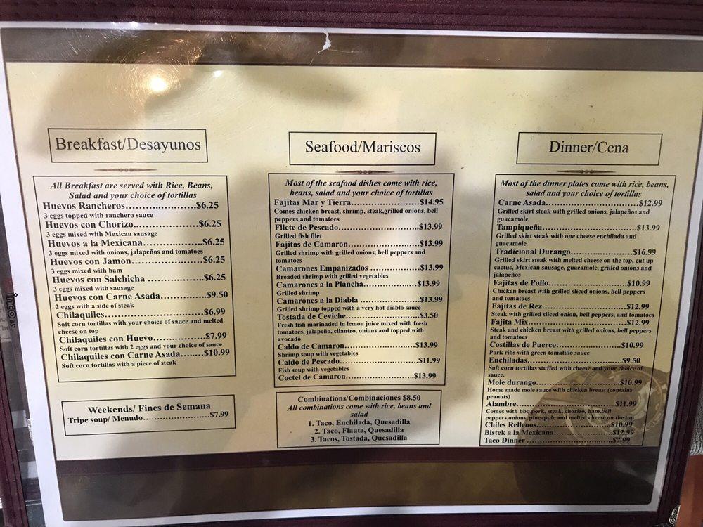 Menu at Tacos el Durango Mexican Grill restaurant, Gurnee