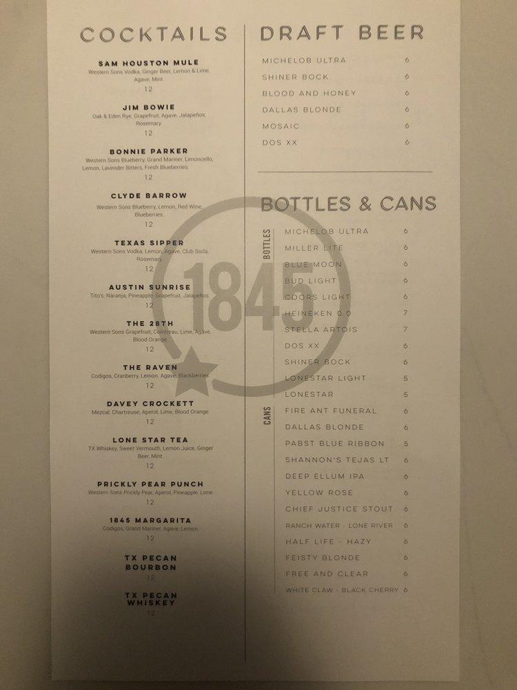 Menu at 1845 Taste Texas pub & bar, Flower Mound