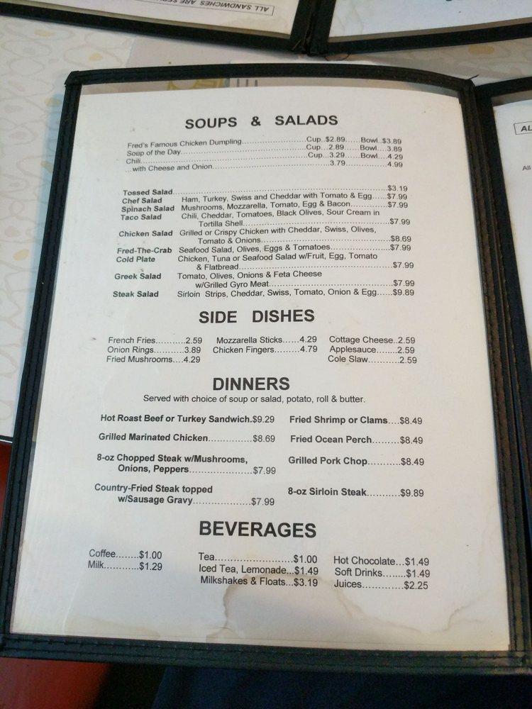 Menu at Fred's Diner restaurant, Akron
