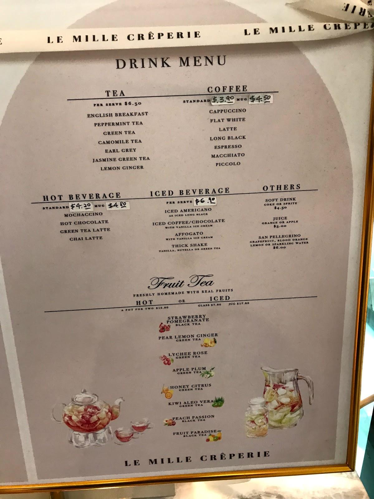 Menu at Le Mille Creperie desserts, Chadstone