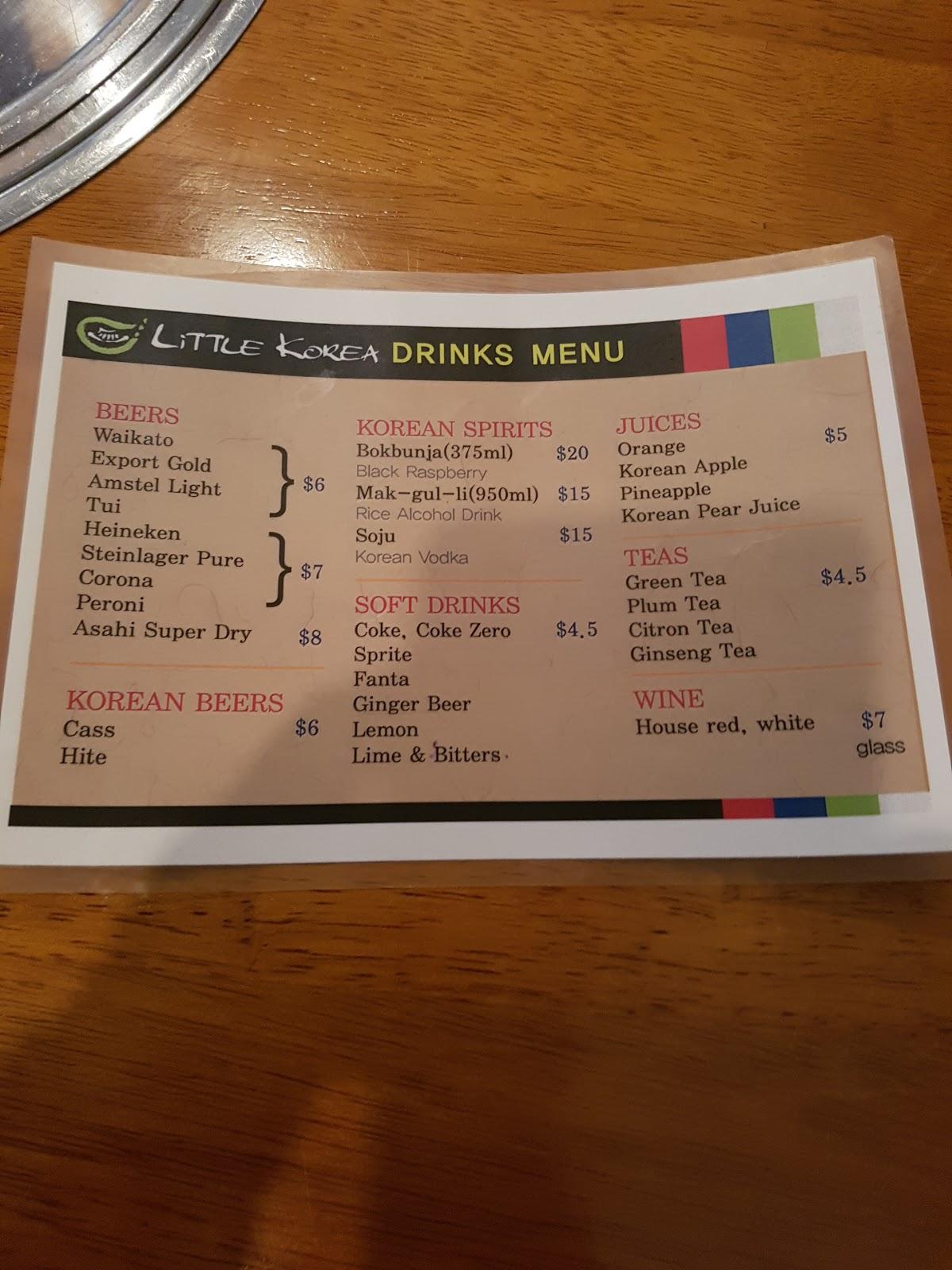 Menu at Little Korea restaurant, Hamilton