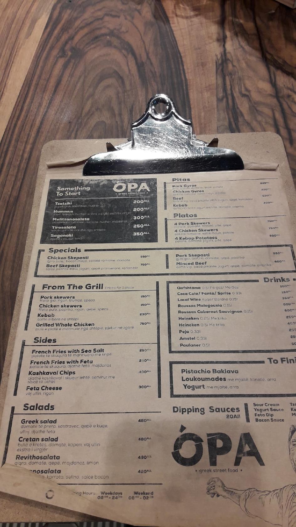 Menu at OPA - Greek Street Food (Bllok) restaurant, Tirana