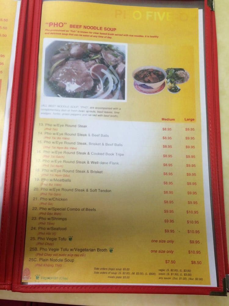Menu at Phở Five-O restaurant, Aiea