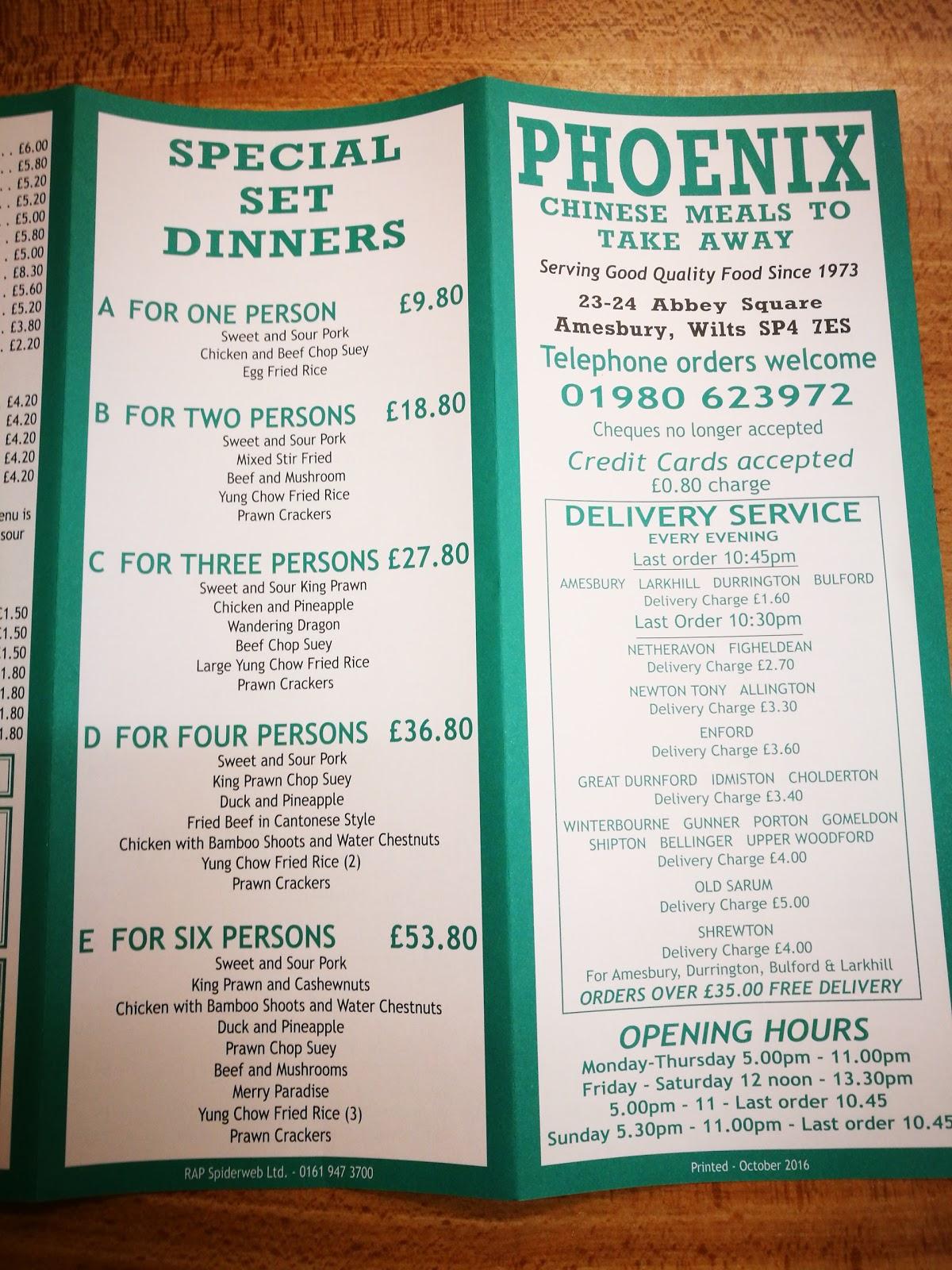 Menu at Phoenix fast food, Amesbury