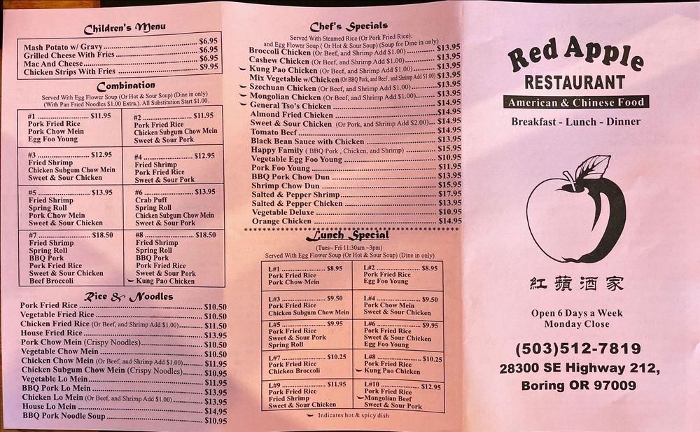 Menu at Red Apple Restaurant, Boring
