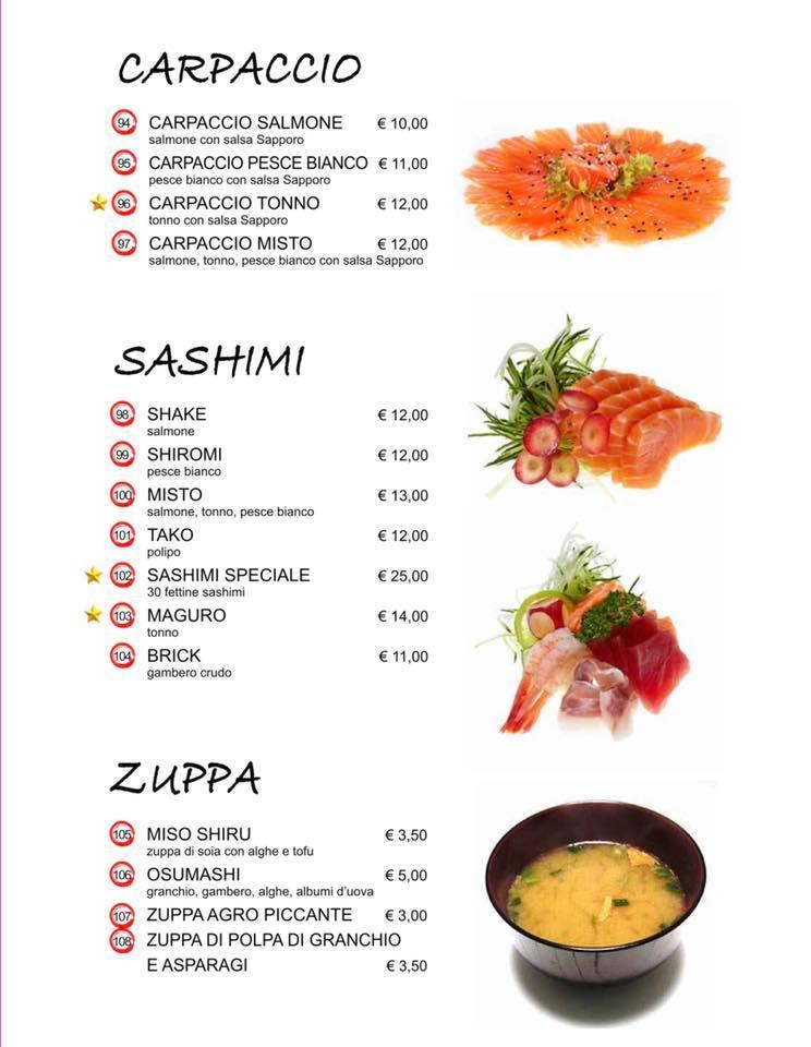 Menu at Sapporo restaurant, Ferrara
