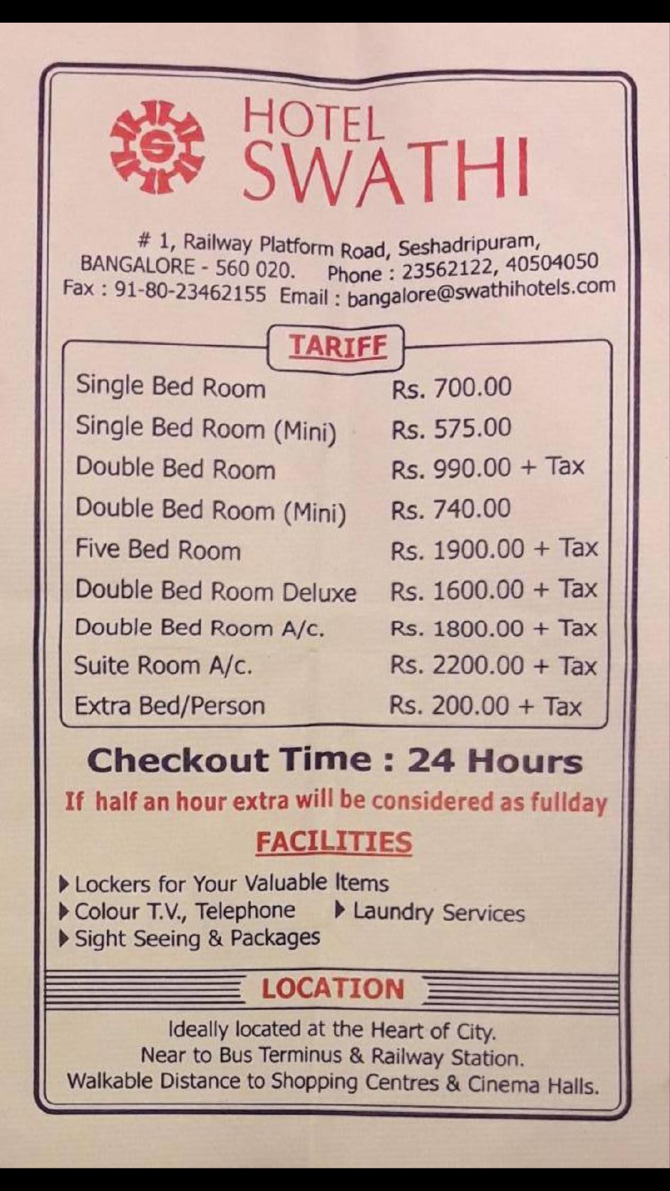 Menu at Swathi Residency, Bengaluru