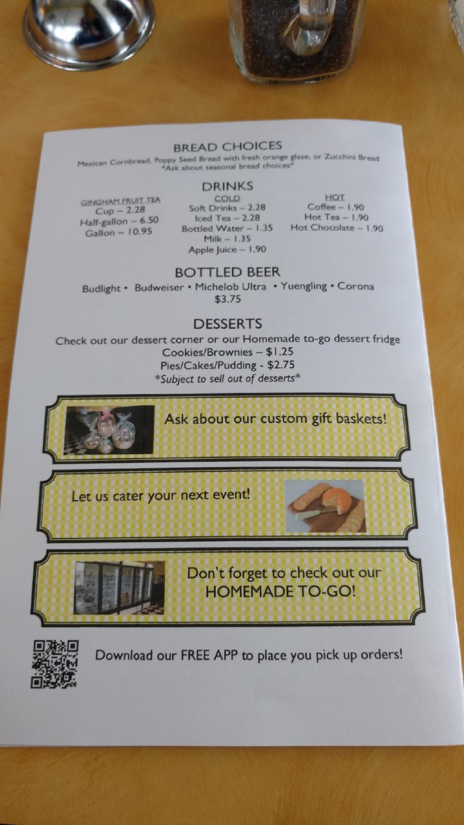 Carta de The Gingham Cafe, Clarksville