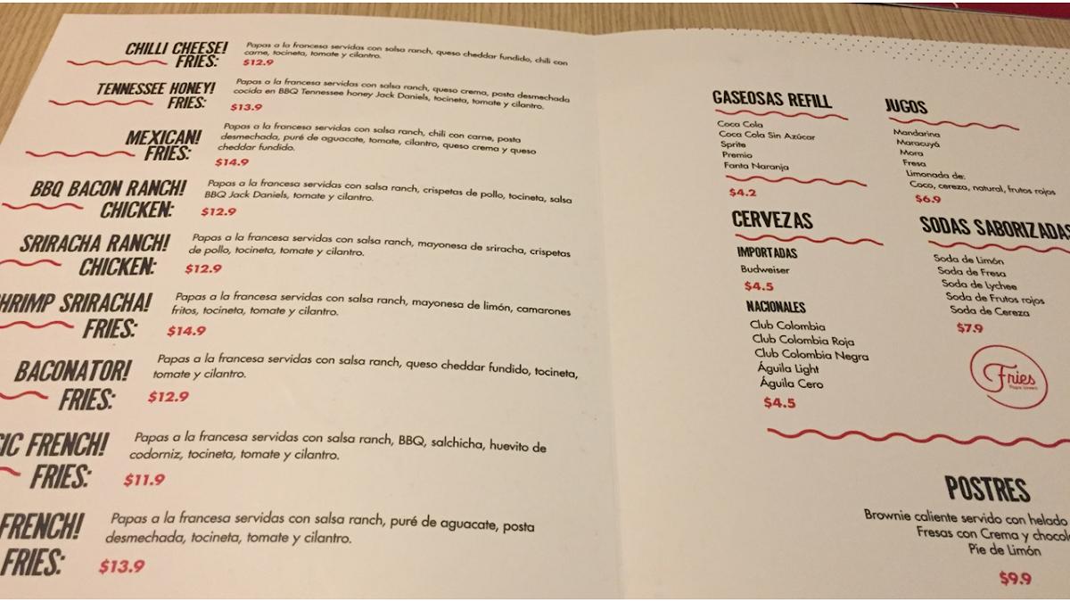 Menu at Fries Papa Lovers restaurant, Colombia