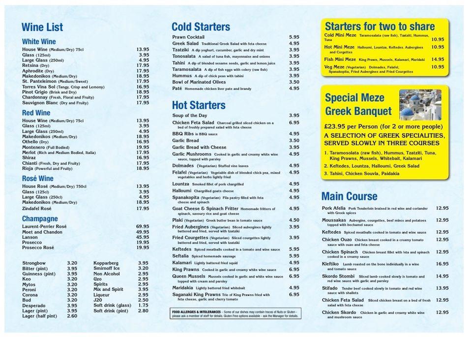 Menu at Greek Taverna restaurant, Liverpool, 256-258 Smithdown Road