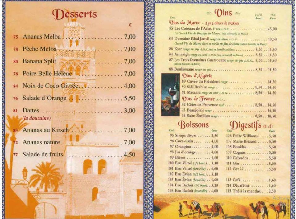Menu at Le Marrakech restaurant, Breuillet