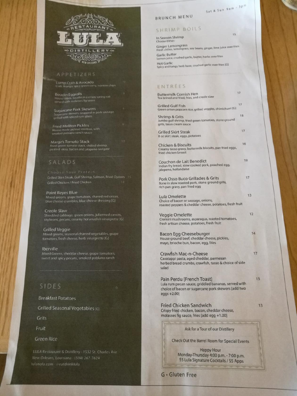 Menu at Lula Restaurant Distillery, New Orleans