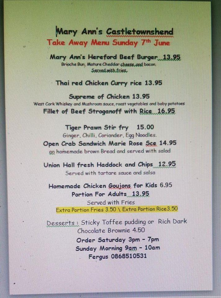 Menu at Mary Ann's Bar and Restaurant, Castletownshend