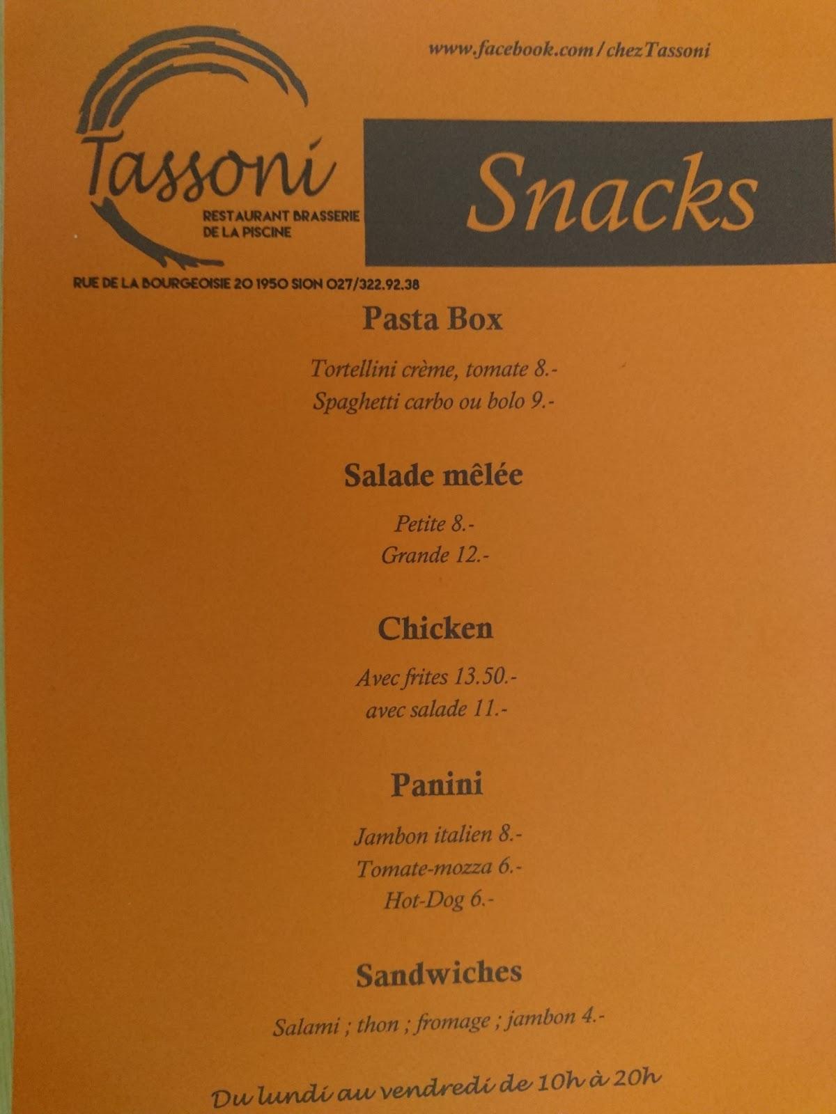 Menu at Tassoni, Sion, Rue de la Bourgeoisie 20