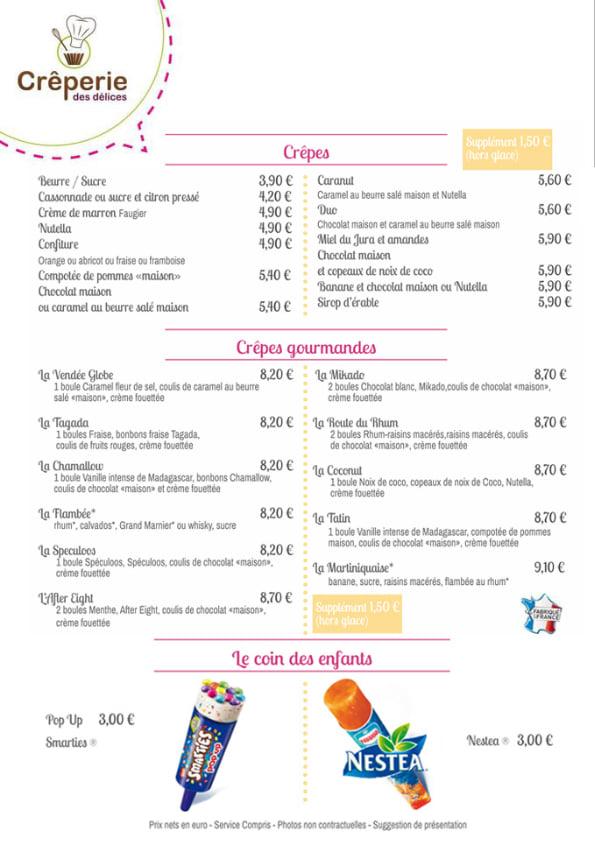 Menu au Crêperie des Délices restaurant, Lons-le-Saunier, 24 Rue Perrin