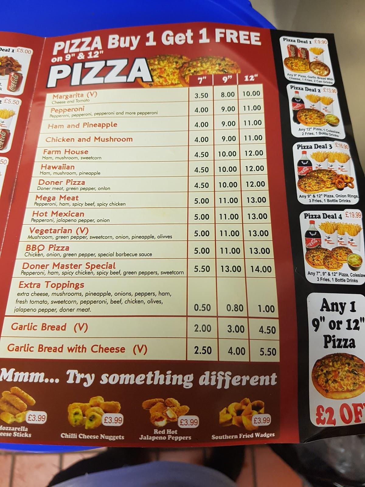 Menu at Doner Master pizzeria, Mountsorrel, 4 King St