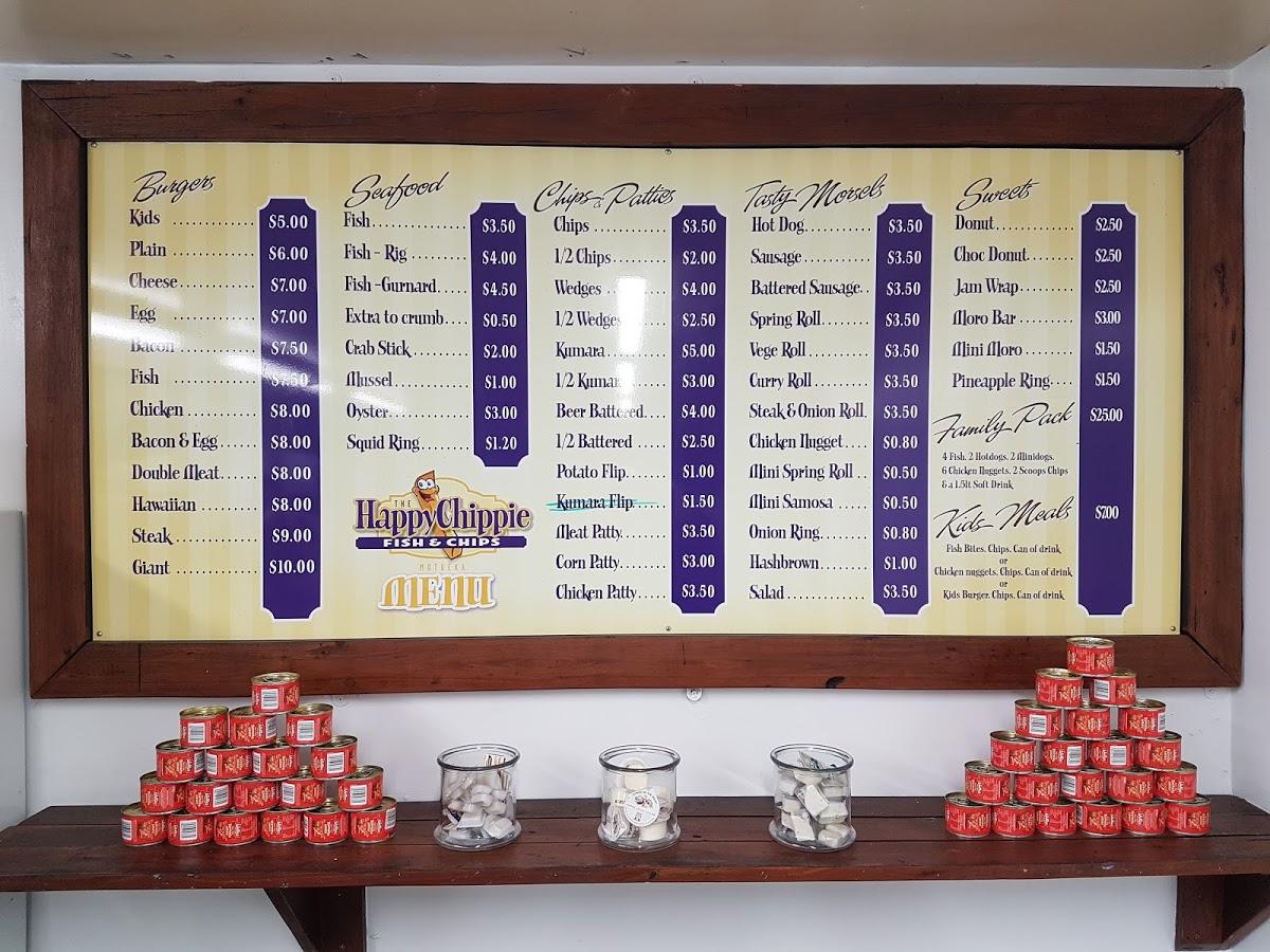 Menu at Happy Chippy fast food, Motueka