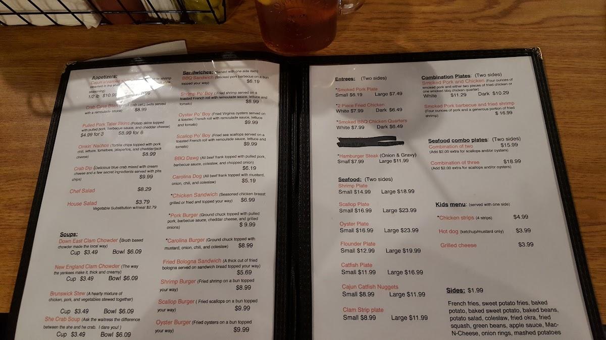 Menu at Jordan's Smokehouse & Seafood restaurant, Swansboro