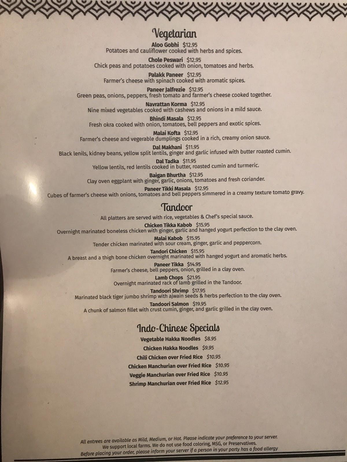 Menu at Namaste Indian/Nepalese restaurant, Greenfield