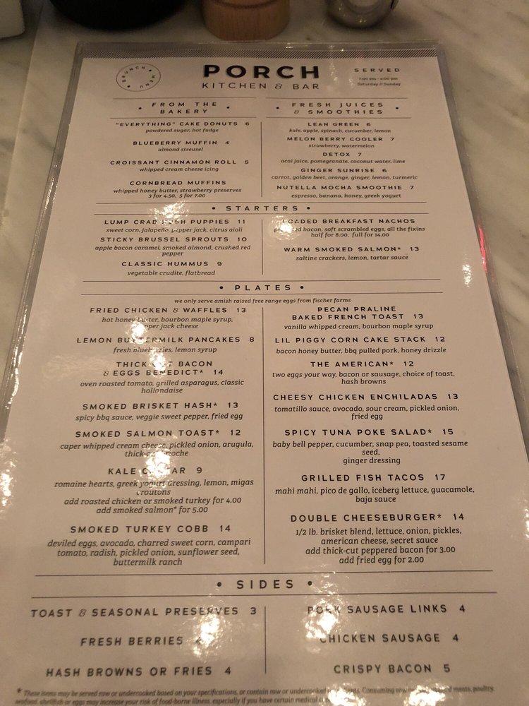 Menu at Porch Kitchen & Bar, Louisville