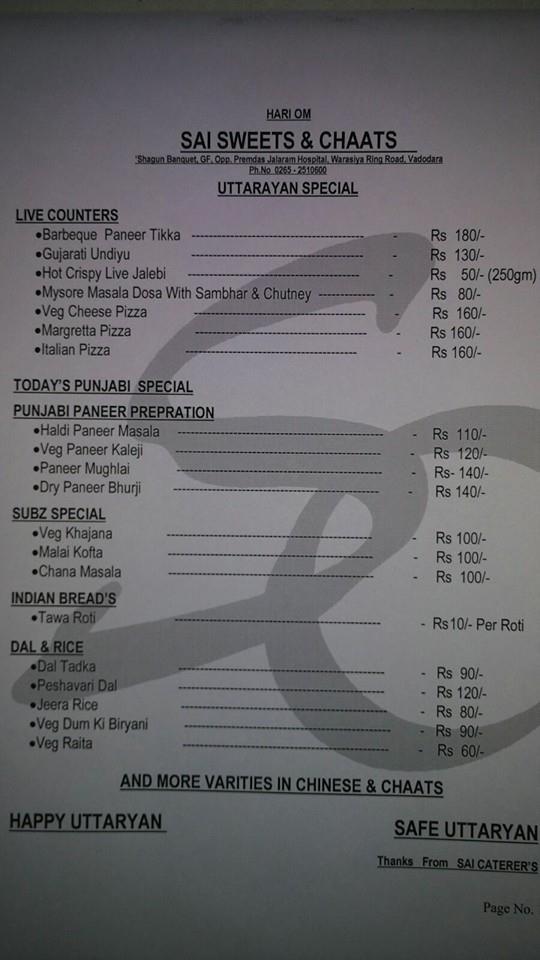 Menu at Sai Sweets & Chaats, Vadodara