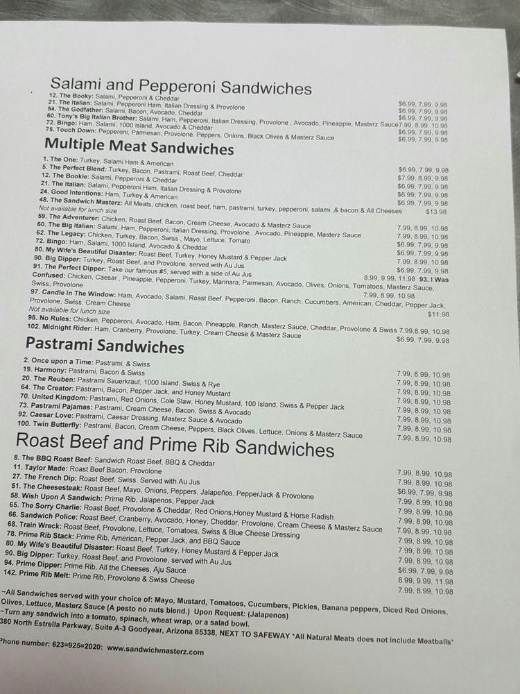 Menu at Sandwich Masterz restaurant, Goodyear