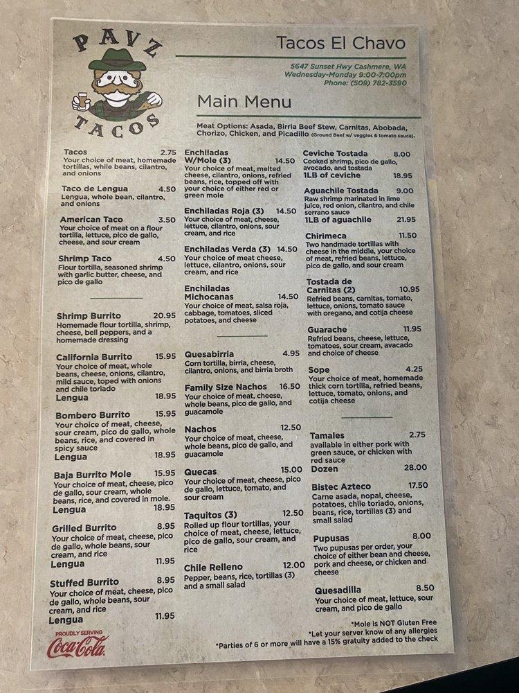 Menu at Taqueria El Chavo restaurant, Cashmere