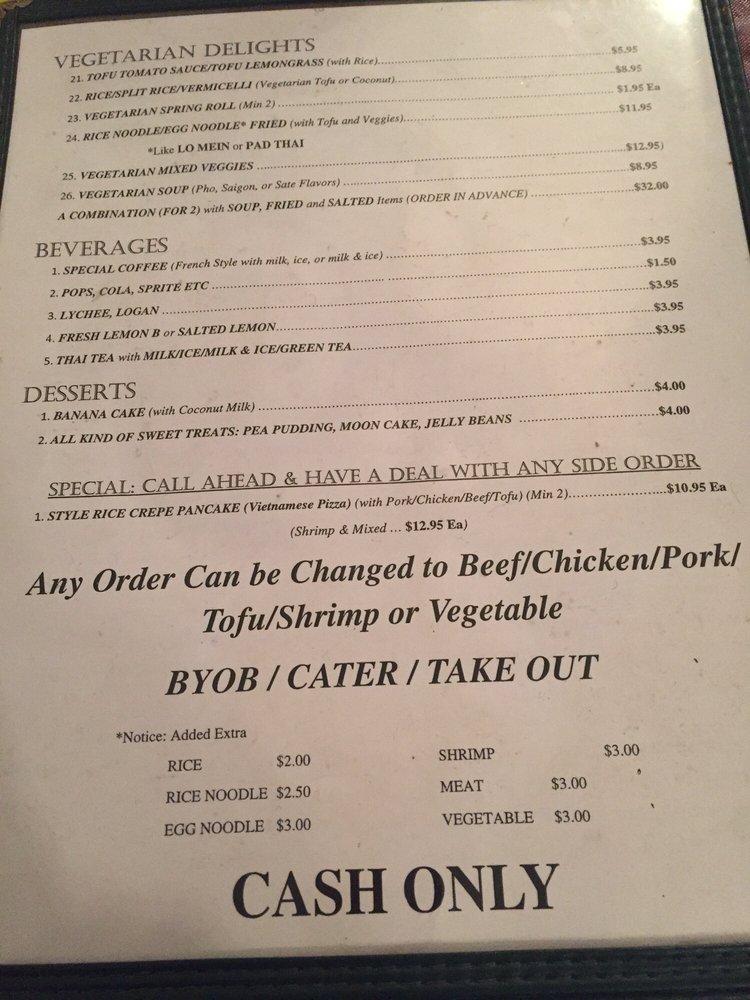 Menu at Tram's Kitchen restaurant, Pittsburgh