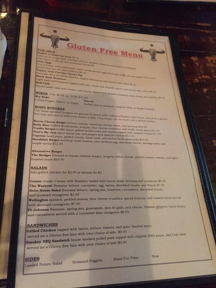 Menu at Bohemian Bull restaurant, Charleston