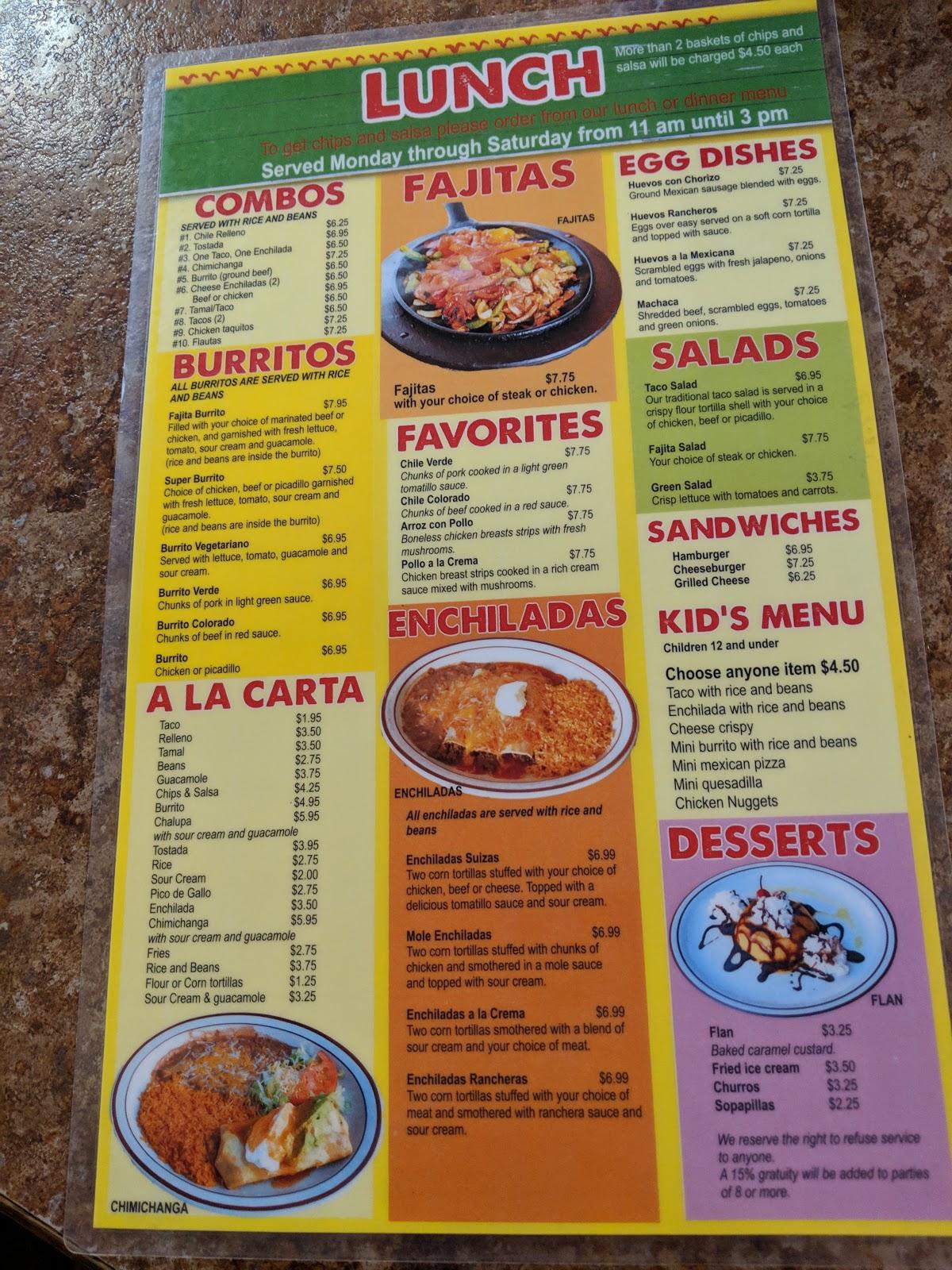 Menu at Fiesta Vallarta restaurant, Delta