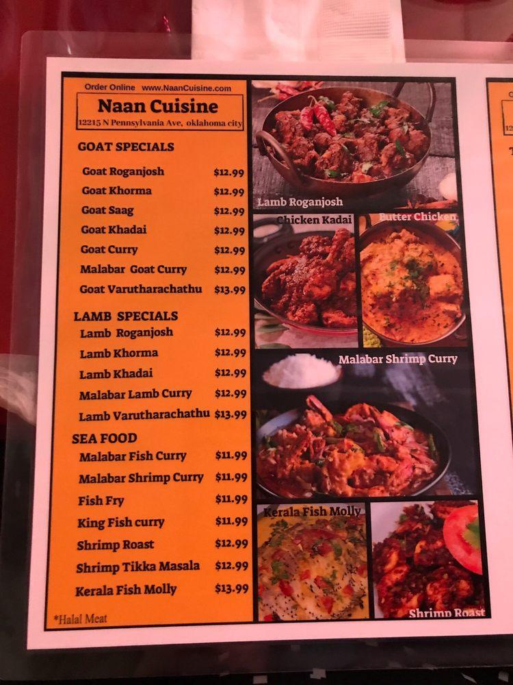 Menu at Naan Cuisine of India restaurant, Oklahoma City
