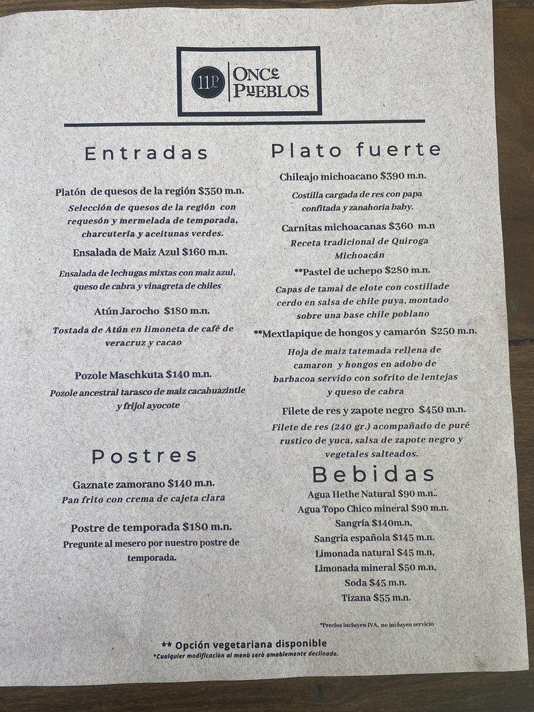 Menu at Once Pueblos restaurant, Mexico